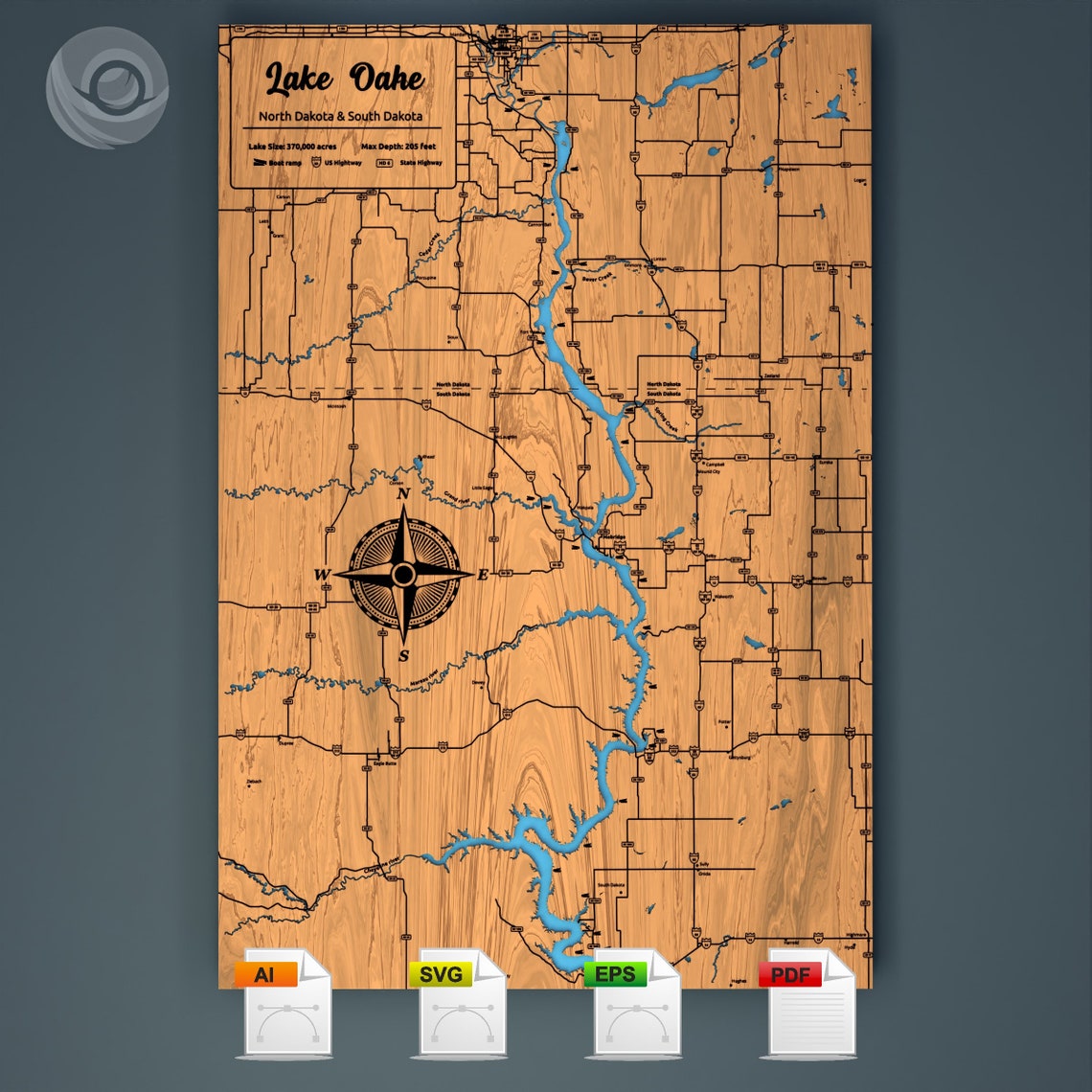 DIY Lake Oahe Road Map South Dakota Map Data | Laser Ready CNC Print ...