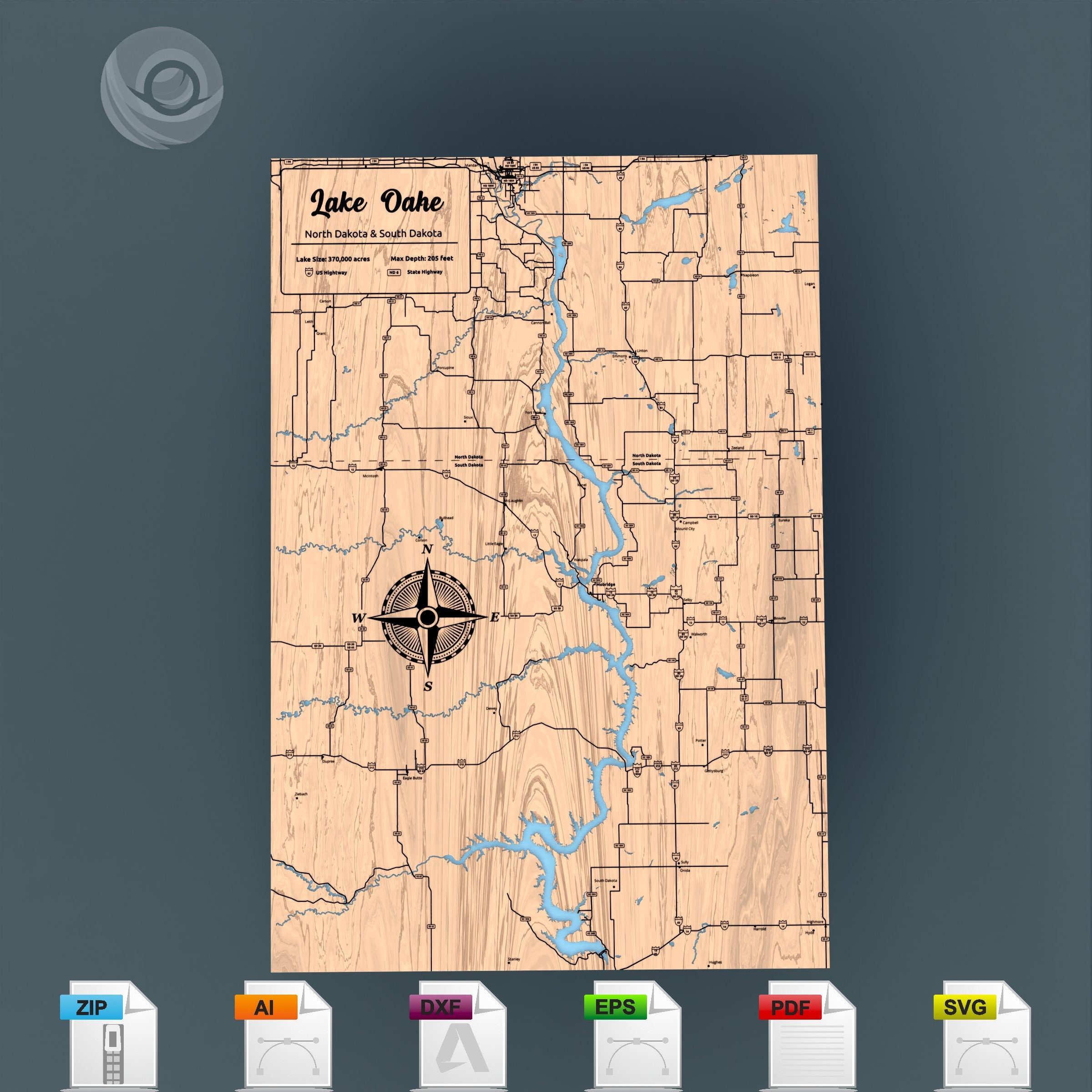 DIY Lake Oahe Road Map South Dakota Map Data Laser Ready CNC Print Dye ...