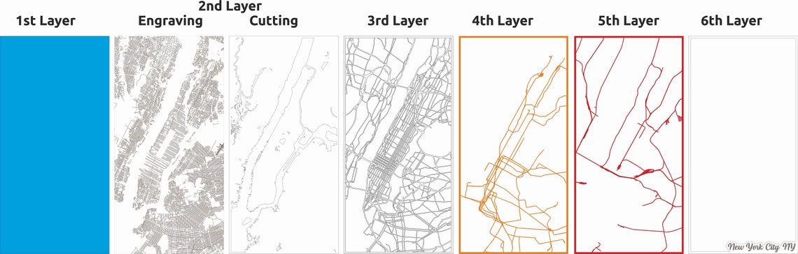 New York City NY Multylayer Map SVG, PDF, Eps, Ai Dxf Files for Laser ...