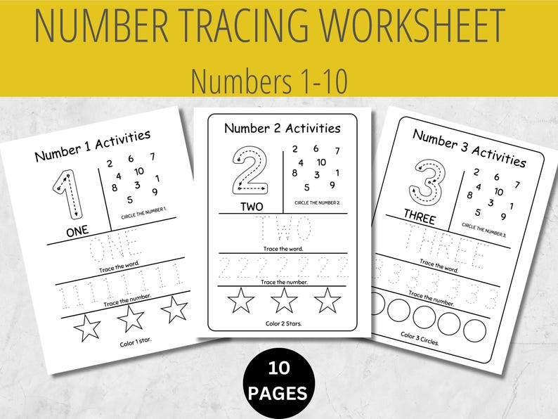 Number Tracing Worksheet 1-10 Printable, Handwriting, Kindergarten ...