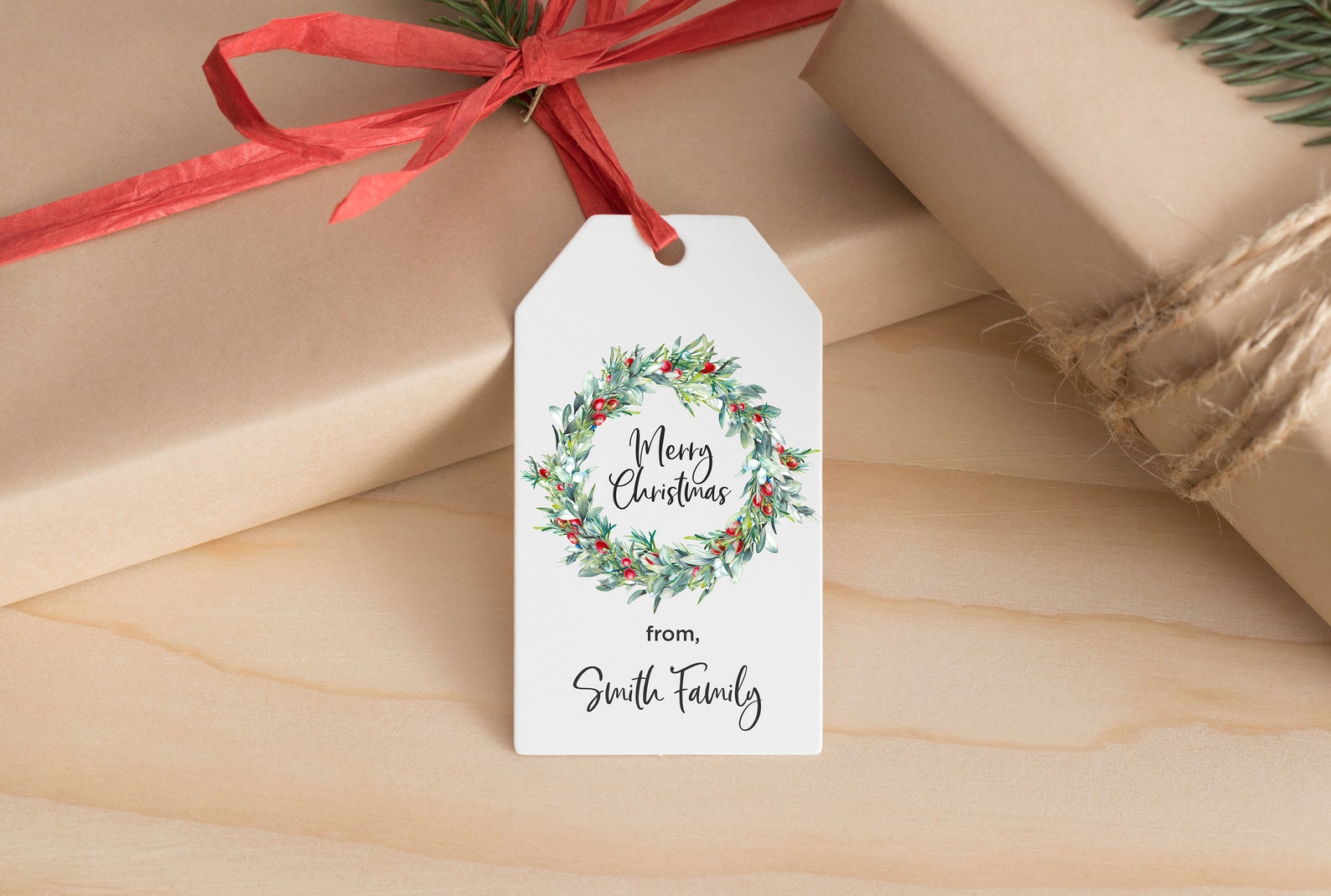 Christmas Wreath Tag Template Rustic Christmas Gift Tag | Etsy