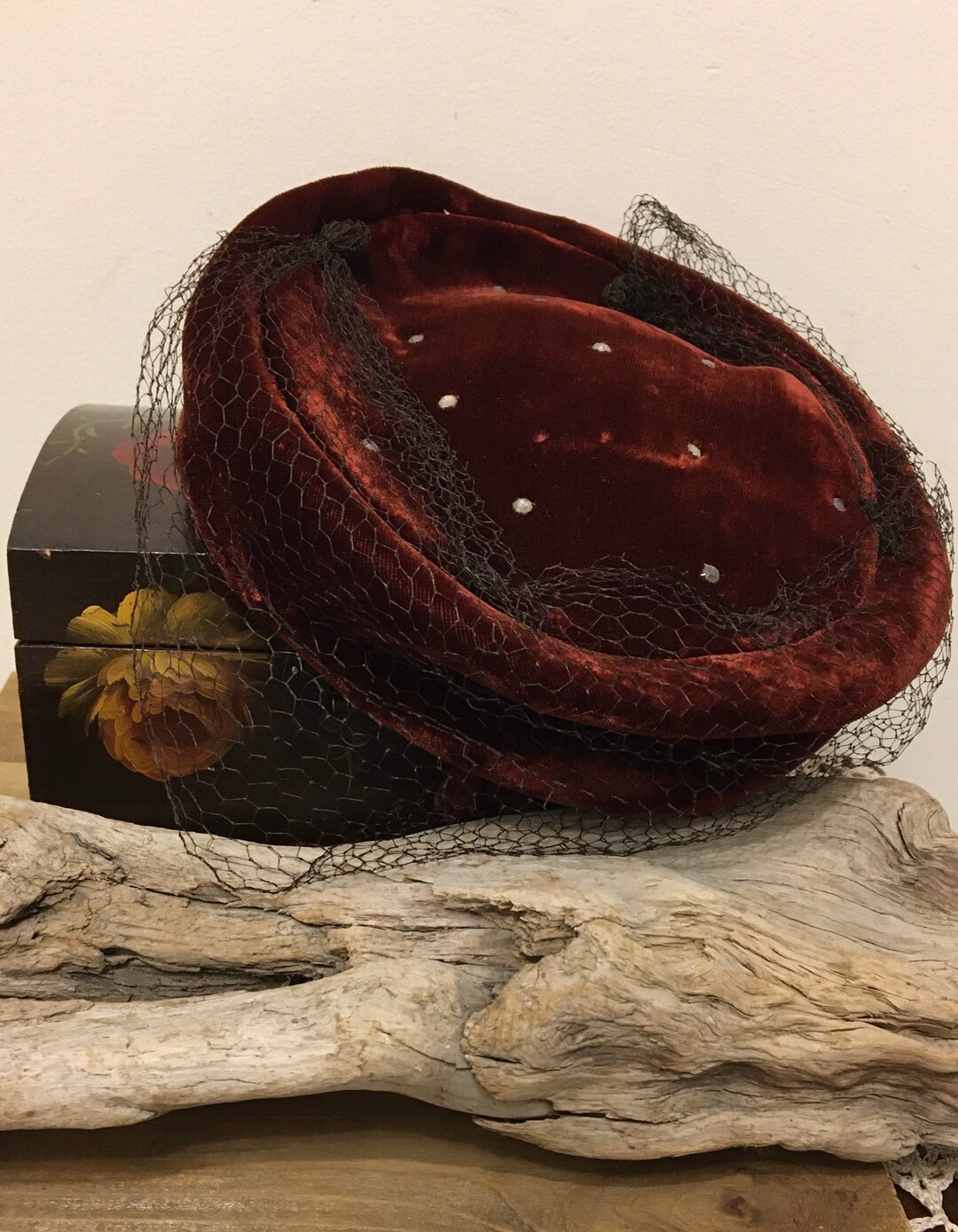 Pillbox Hat With Rhinestone Head Pins, Rust Brown Velvet Pillbox Hat ...