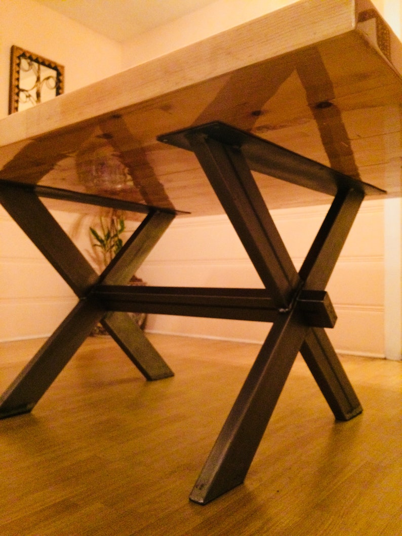 Thick farmhouse Butcher block table with Steel X frame base. | Etsy