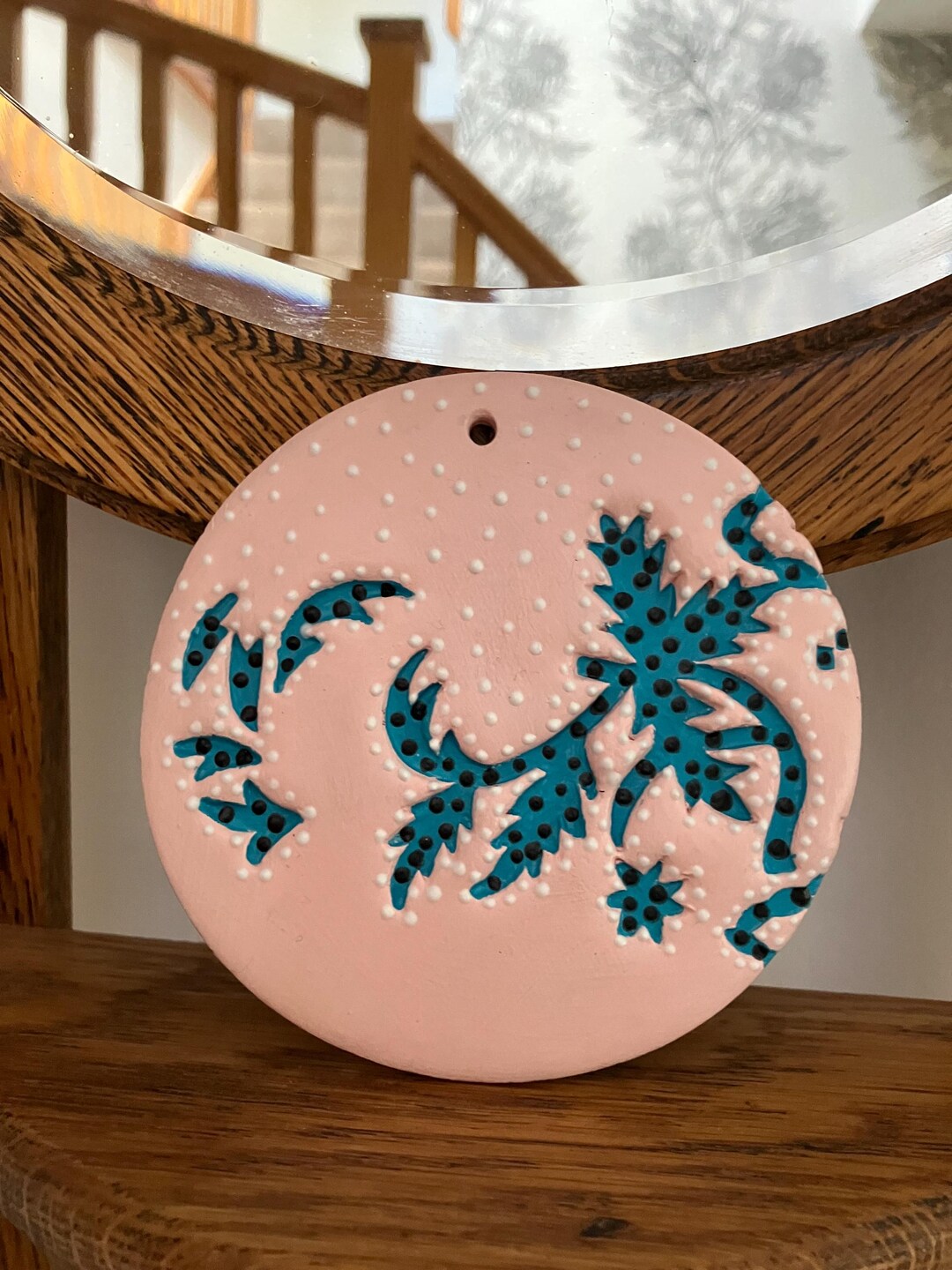 Art Deco Inspired Pink & Blue Circular Ceramic Wall Plaque/hanging/tile ...