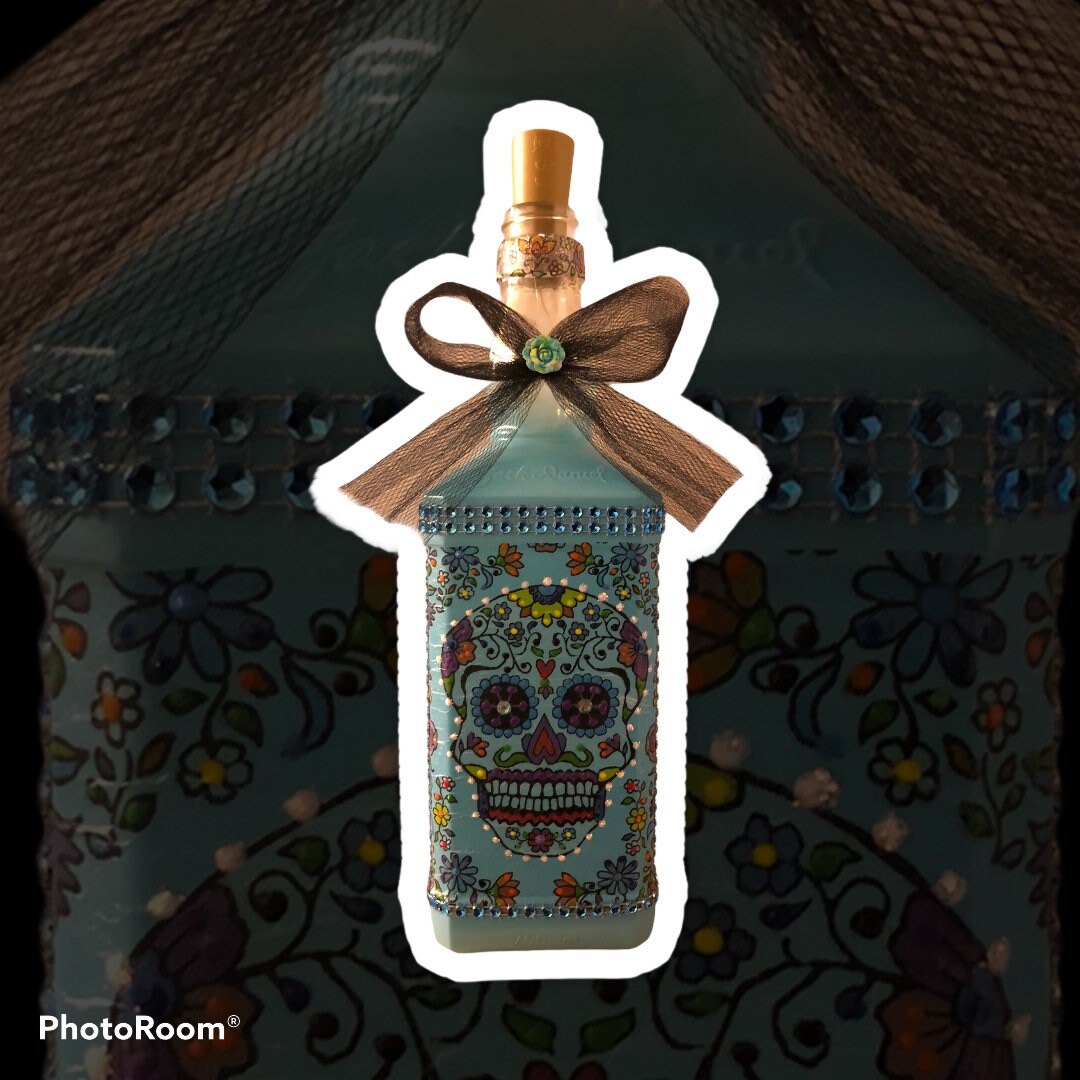 Blue Lighted Sugar Skull Bottle Lighted Jars Lighted Bottles Sugar Skull Bottle Dia De Los