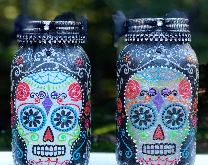 Sugar Skull Jar, Lighted Jars, Day of the Dead Jar, Lighted Bottles ...