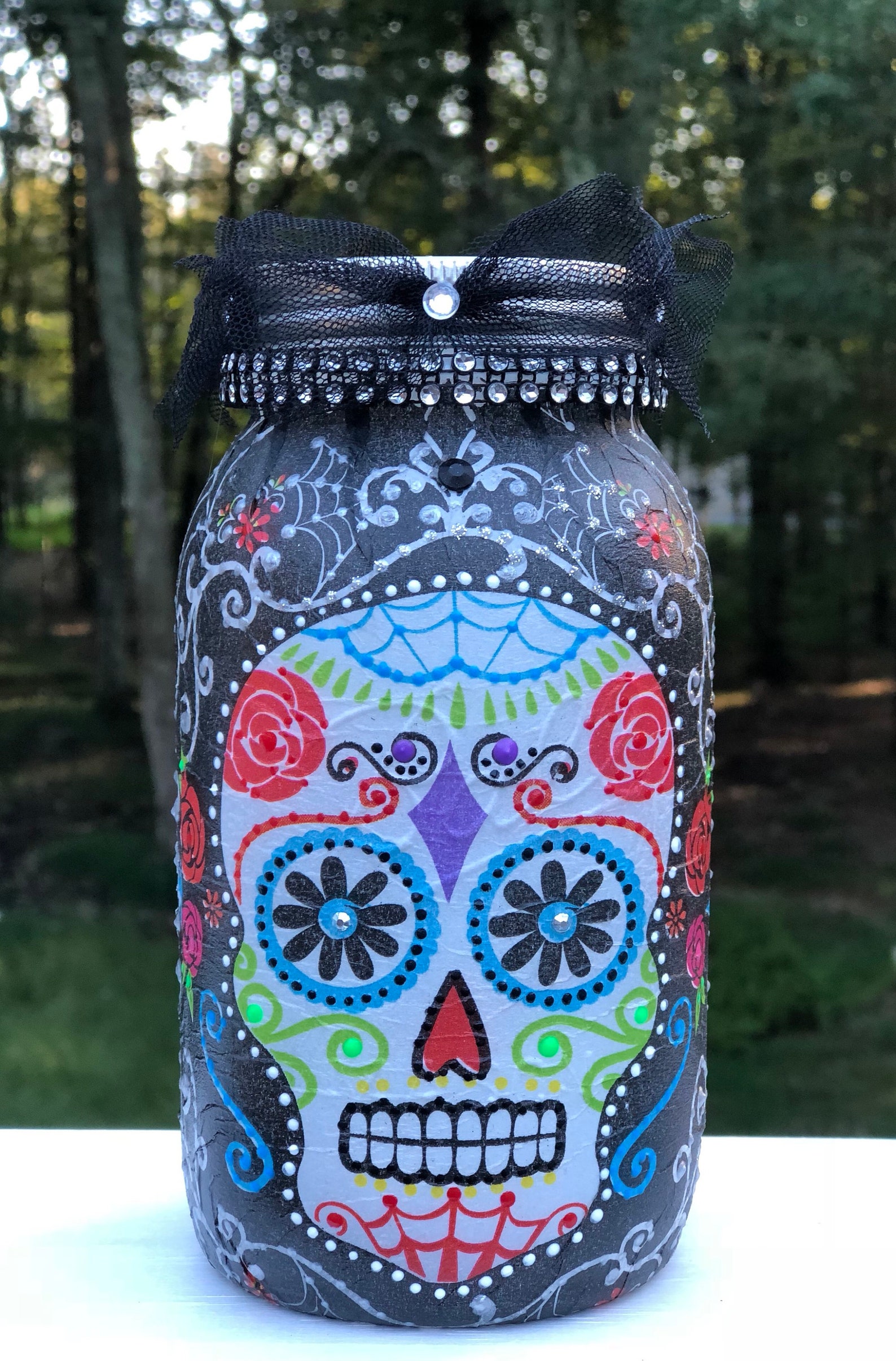 Sugar skull jar lighted jars day of the dead jar lighted | Etsy