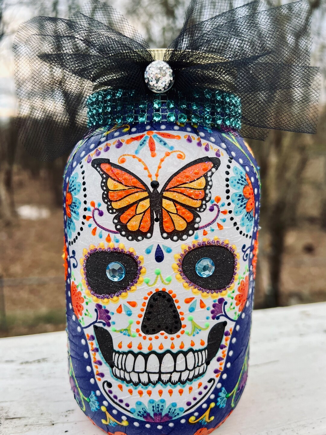 Sugar Skull Lighted Jar, Sugar Skull Jar, Sugar Skull Decor, Butterfly ...