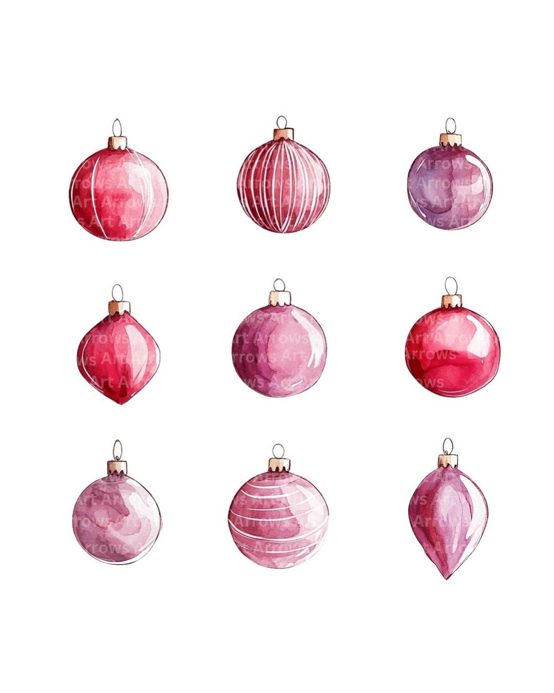5 Christmas Ornaments, Printable Watercolor Clipart, Digital Download ...
