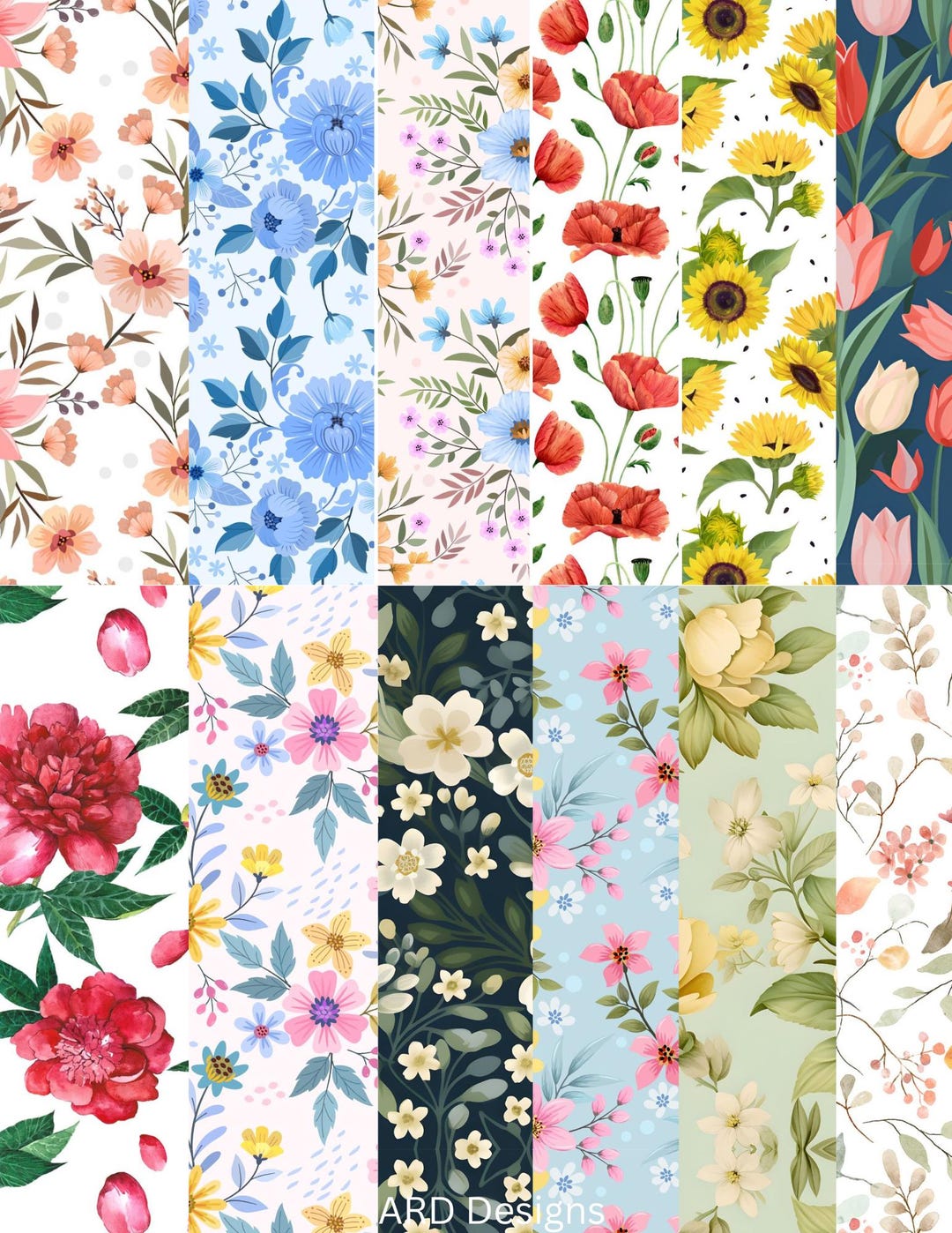 12 Sheets Digital Floral Papers to Print or Use in Your Digital Designs ...