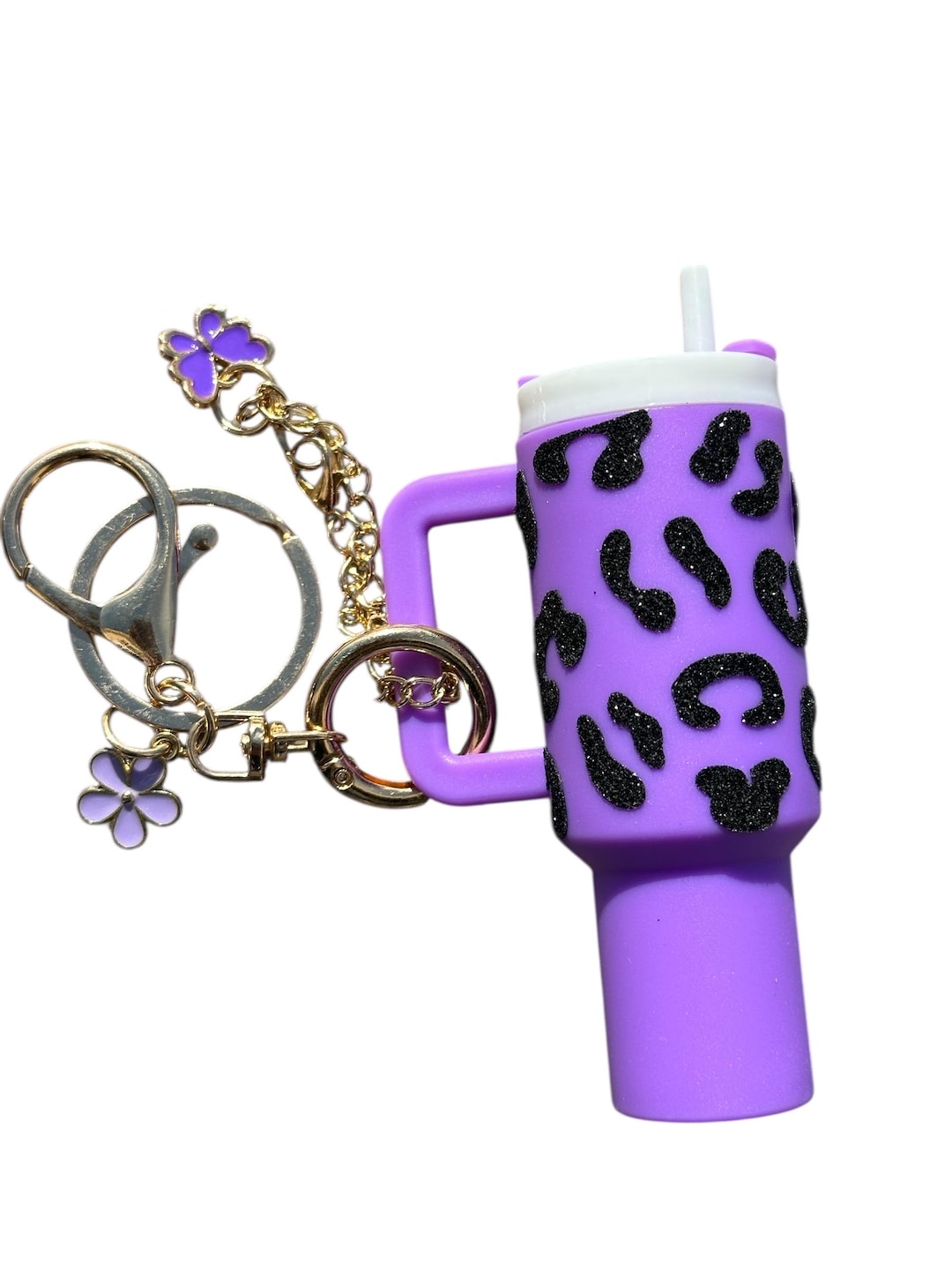 Mini Stanley Cup Keychain | Black Glitter Cheetah Print Vinyl + Charms ...