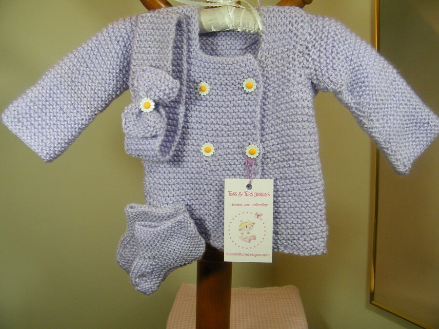 Knit/crochet Baby Sweater Lavender Headband and Booties 3-6 - Etsy