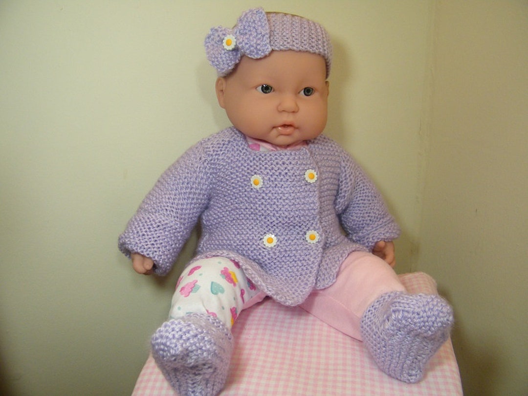 Knit/crochet Baby Sweater Lavender, Headband and Booties 3-6 Mos NEW ...