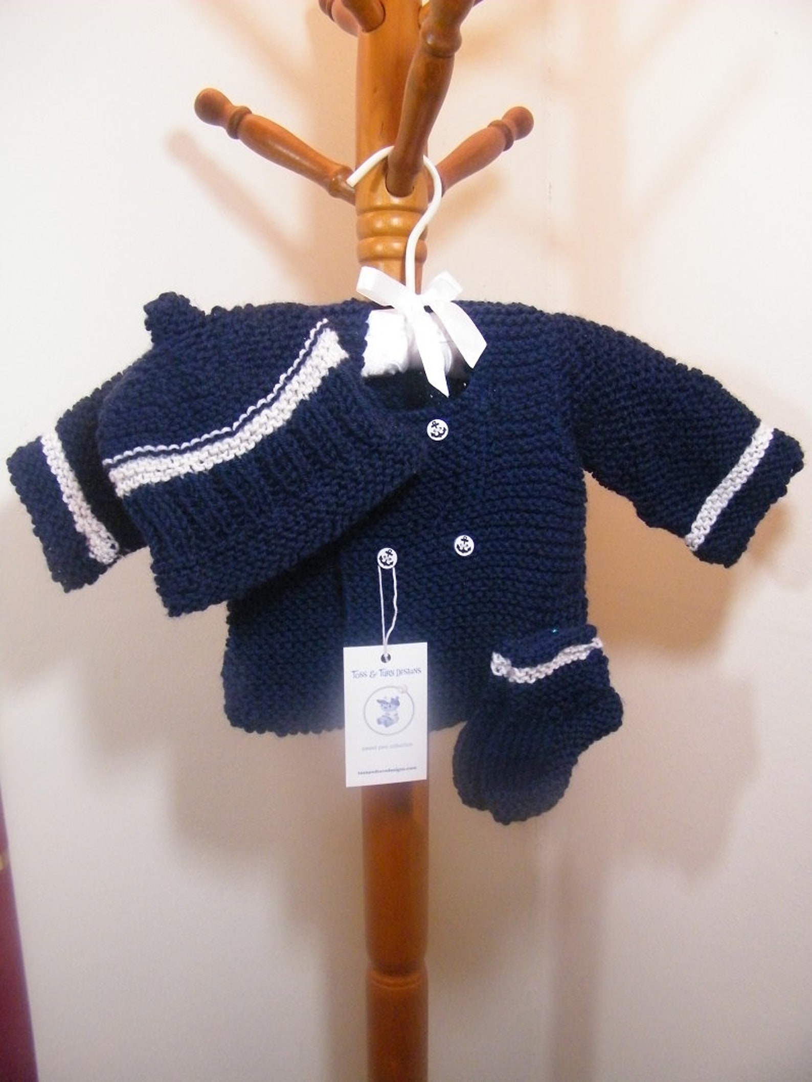 Baby Sweater Set, Nautical Navy With White Trim, Sweater, Hat and ...