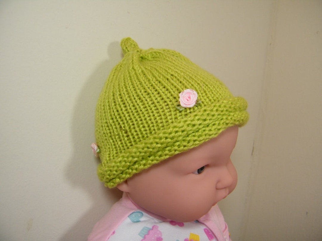Knit/crochet Roll Brim Baby Hat and Booties 3-6 Mos Apple Green With ...