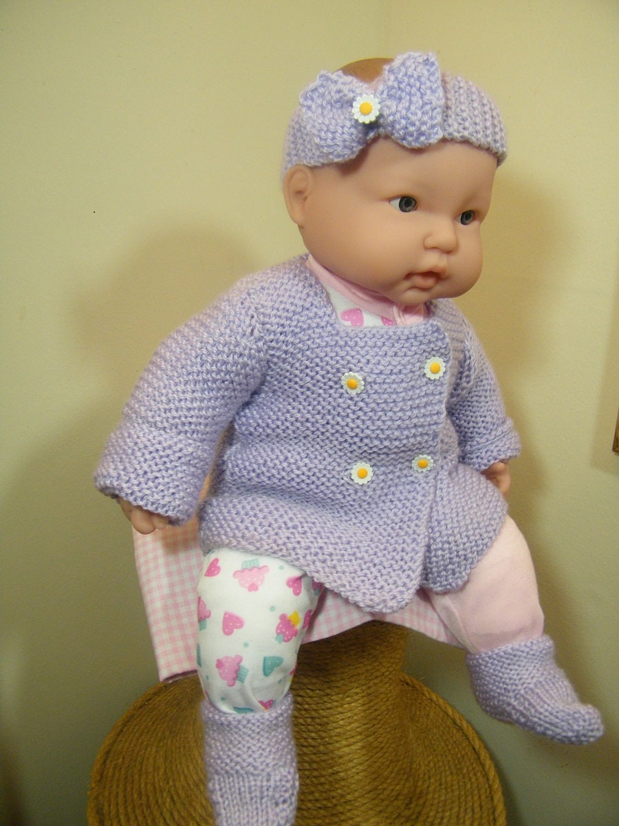 Knit/crochet Baby Sweater Lavender Headband and Booties 3-6 - Etsy