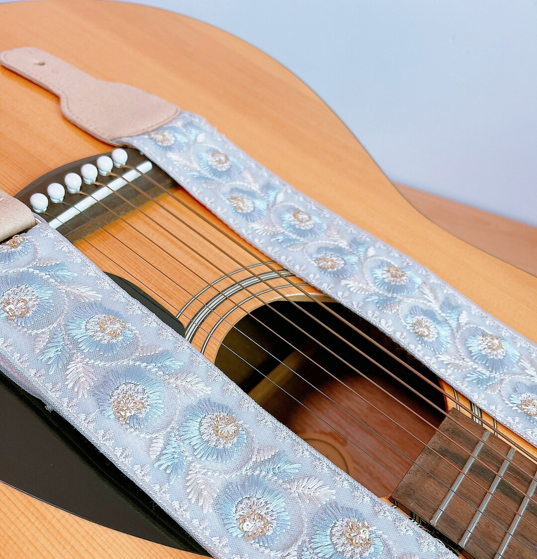 Vintage Style Baby Blue and Beige Embroidery Lace Harp Strap Ukulele ...