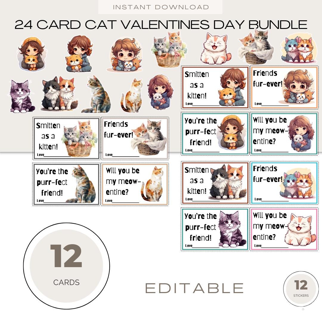 PDF Cat Valentines Day Cards, Kids for School Classroom, Kids ...