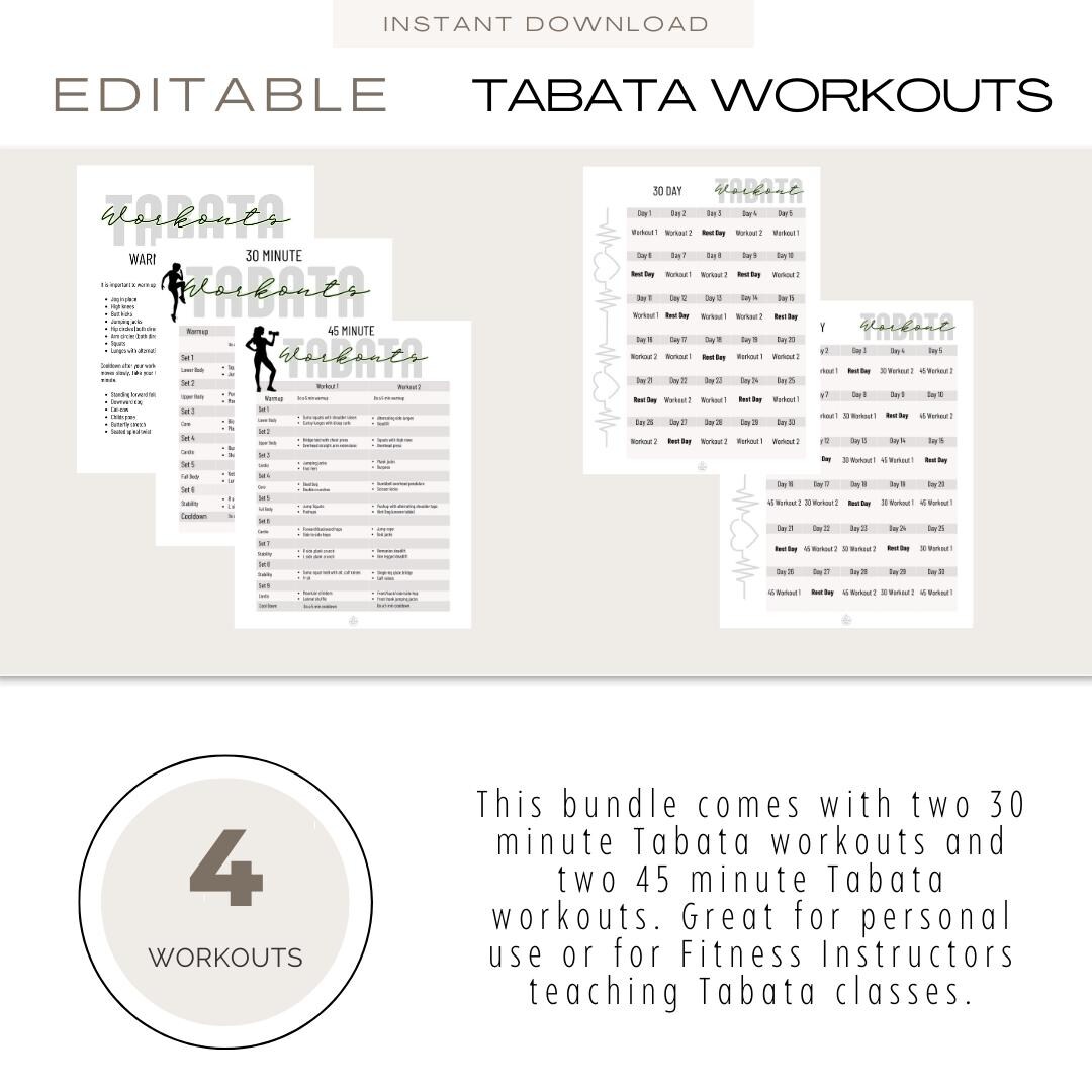 Editable 30 Day Tabata Workout Bundle Printable PDF Downloadable 4 ...