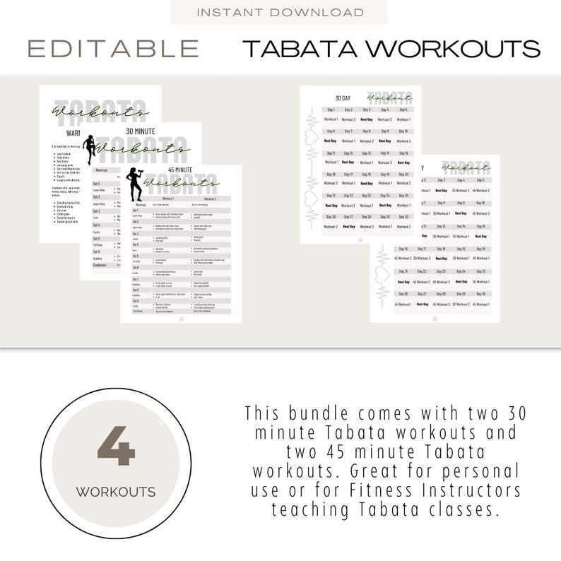Editable 30 Day Tabata Workout Bundle Printable PDF Downloadable 4 ...