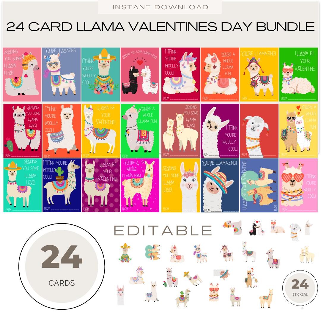Printable Llama Valentine Cards, Kids Classroom Valentines Day Card ...