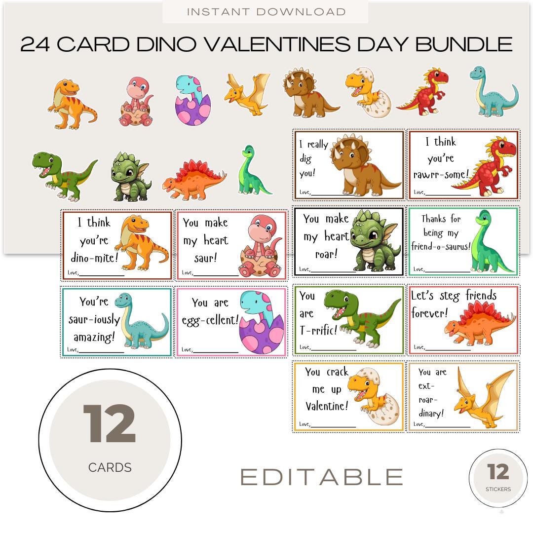 Printable Dinosaur Valentine Cards With Stickers, Classroom Valentines ...