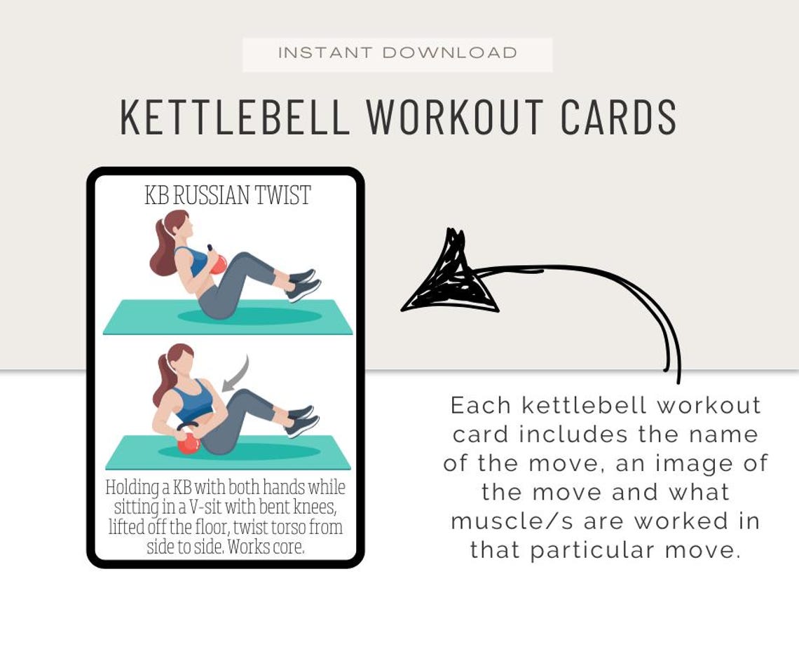 EDITABLE Kettlebell Minimalist Exercise Cards Workout Templates Fitness ...