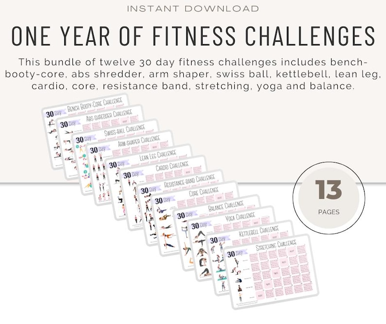 Twelve 30 Day Workout Challenge Bundle Printable Pdfs Easy to Follow ...