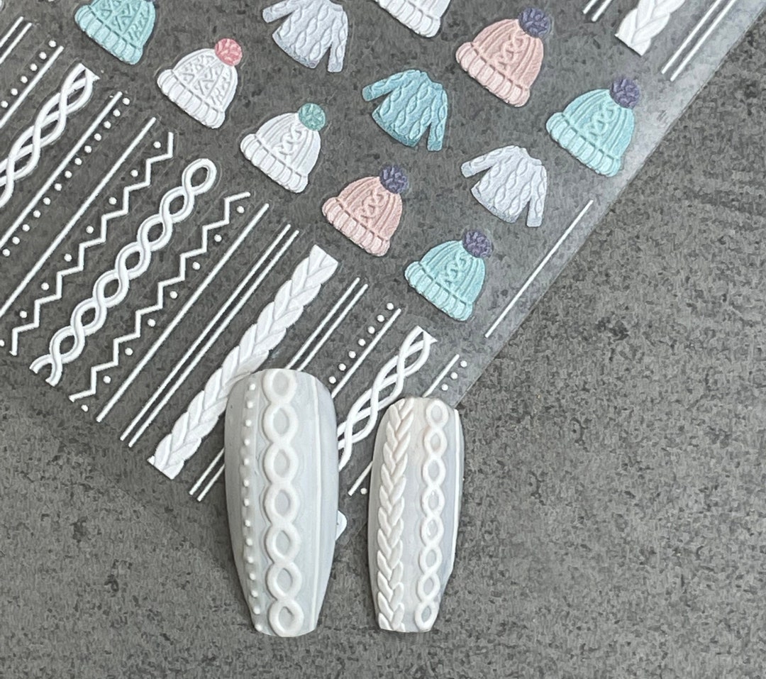 Knit Sweater Nail Art Stickers Self Decals/ Fall Winter 3D Embossed ...