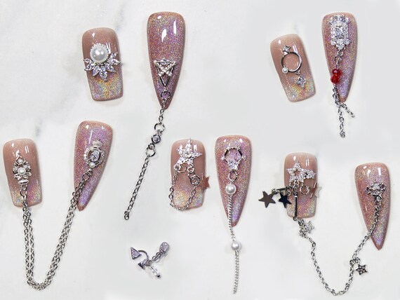 Silver Nail Jewelry/ 3D Link Chain Zircon Nails Ornament - Etsy