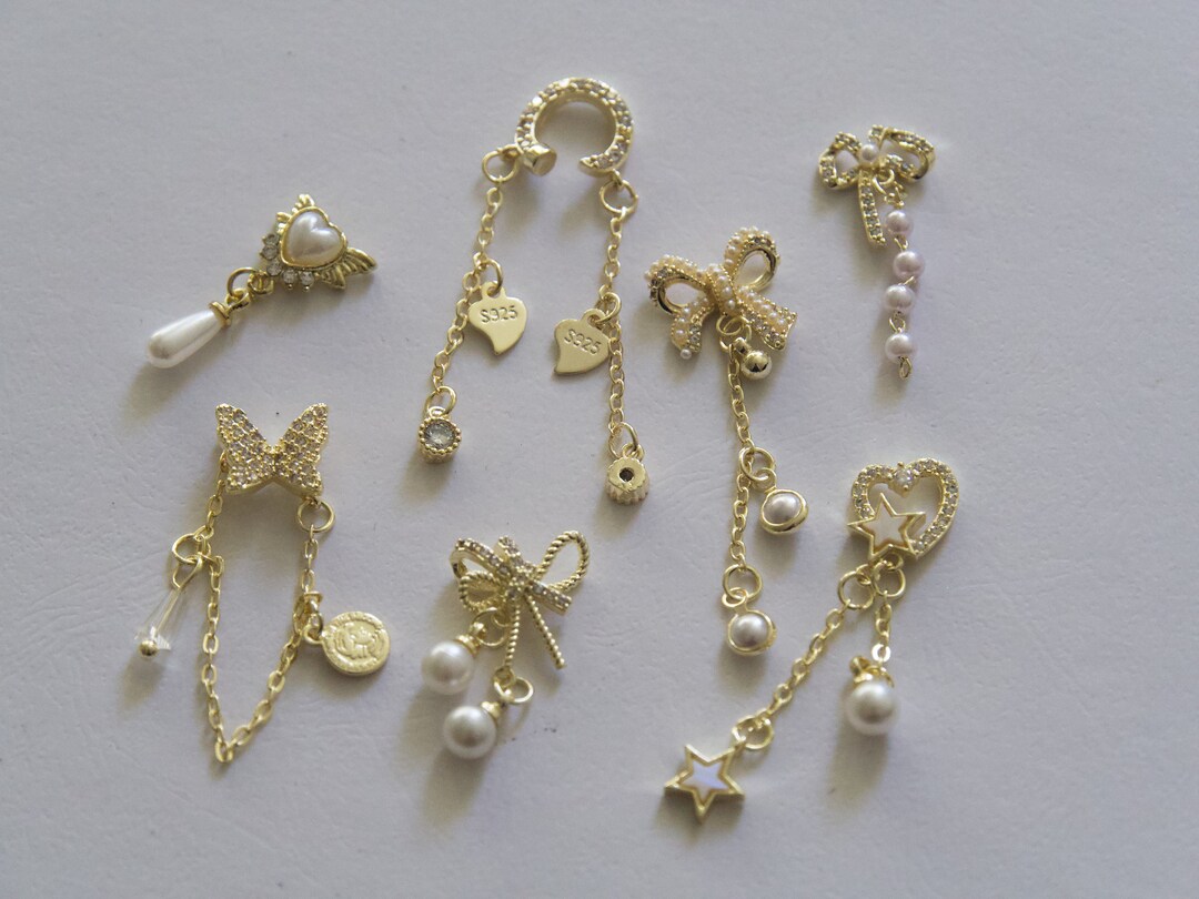 14k Gold Bow Tie Nail Jewelry Gold Chain With Pearls 3D Zircon Ornament ...