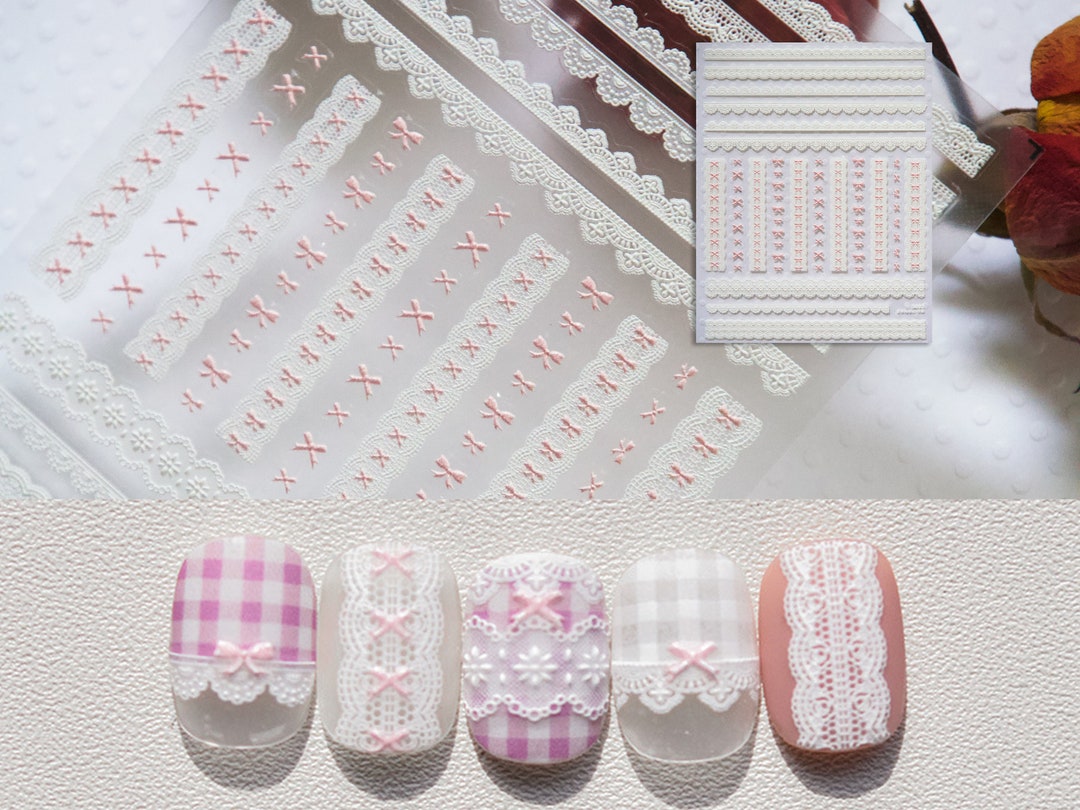 Pink Bow Tie & White Lace Nail Stickers/3d Embossed Nail Art Stickers ...
