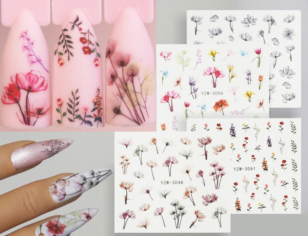 4pcs Floral Nail Tattoo/ Water Transfer Nail Sticker/ Flower Bouquet ...