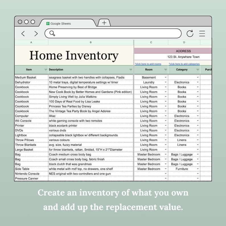 Home Inventory Google Sheets Template: Personal Property Tracker ...