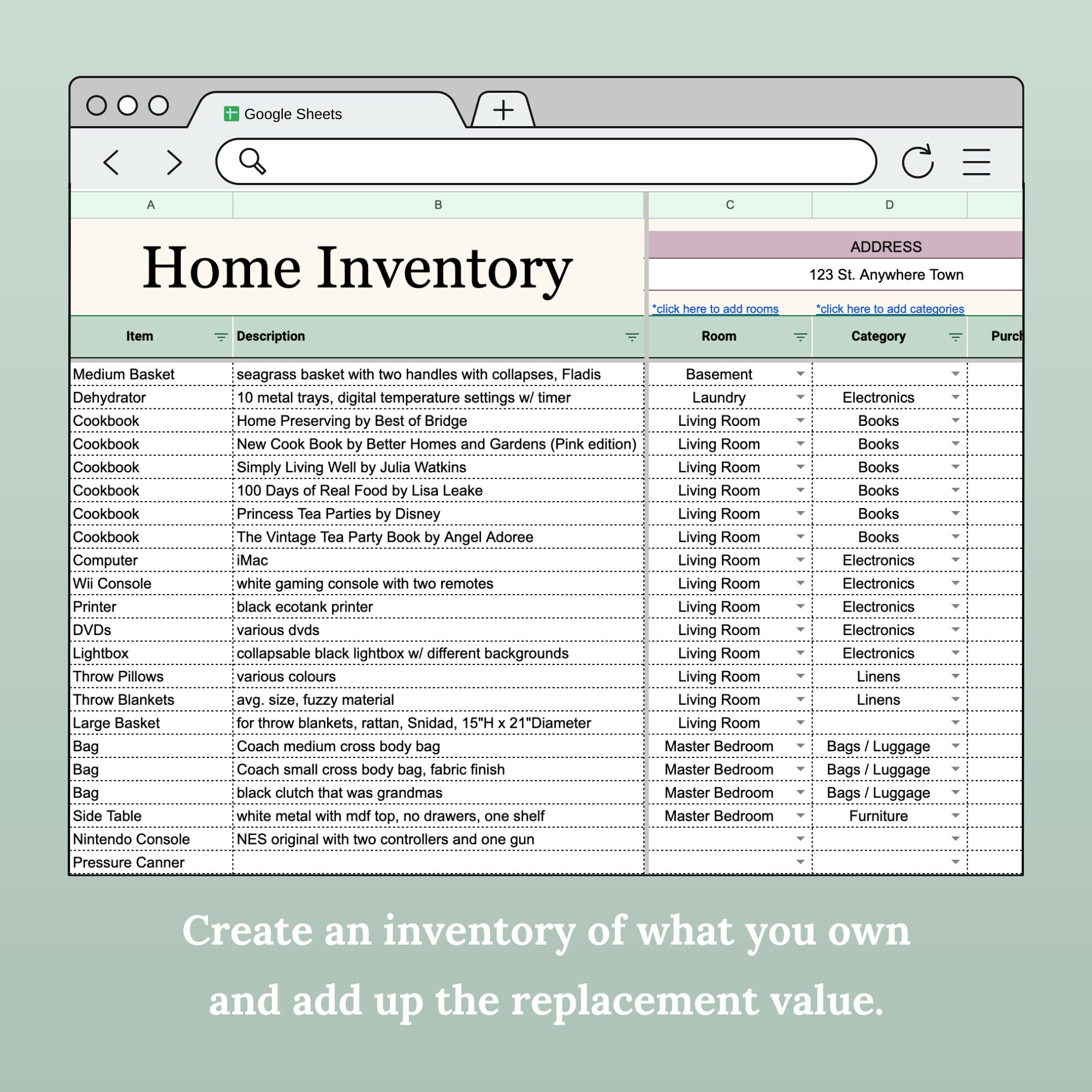 Home Inventory Google Sheets Template: Personal Property Tracker ...