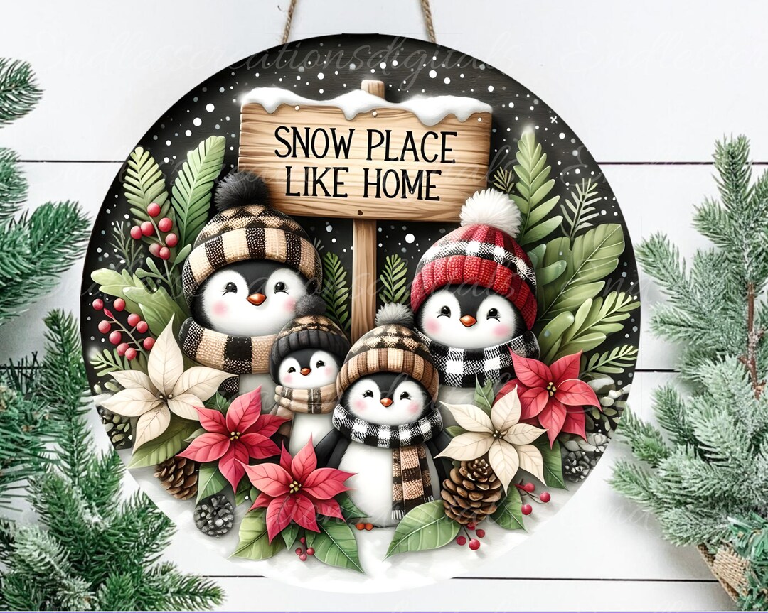 WINTER PENGUINS ROUND Door Hanger, Wreath Sign, Round Cutting Board ...
