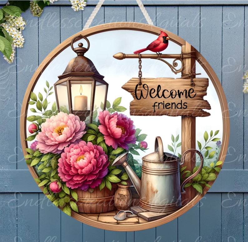 Welcome Friends Wreath Sign, Floral Garden Scene (300dpi PNG) - Etsy Canada