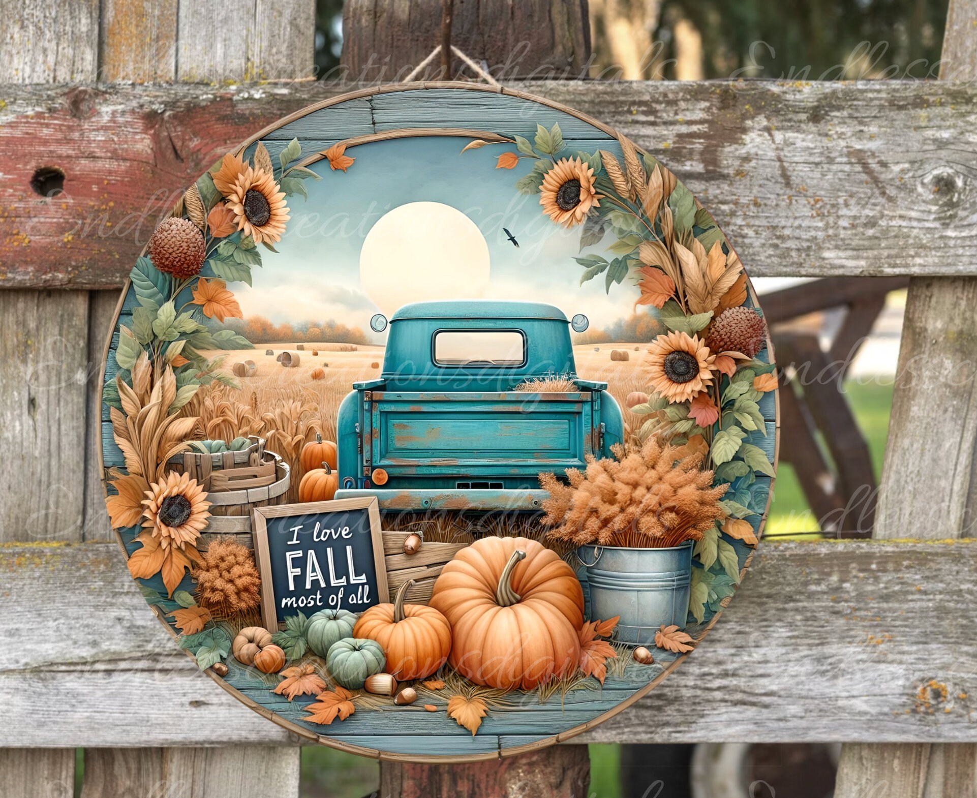 FALL BLUE TRUCK Door Hanger, Wreath Sign, Round Cutting Board Png, for ...