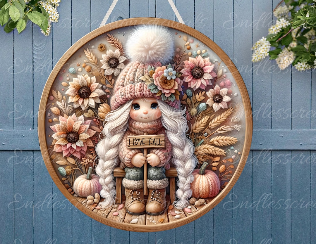 FALL GIRL GNOME Door Hanger, Wreath Sign, Round Cutting Board Png, for ...