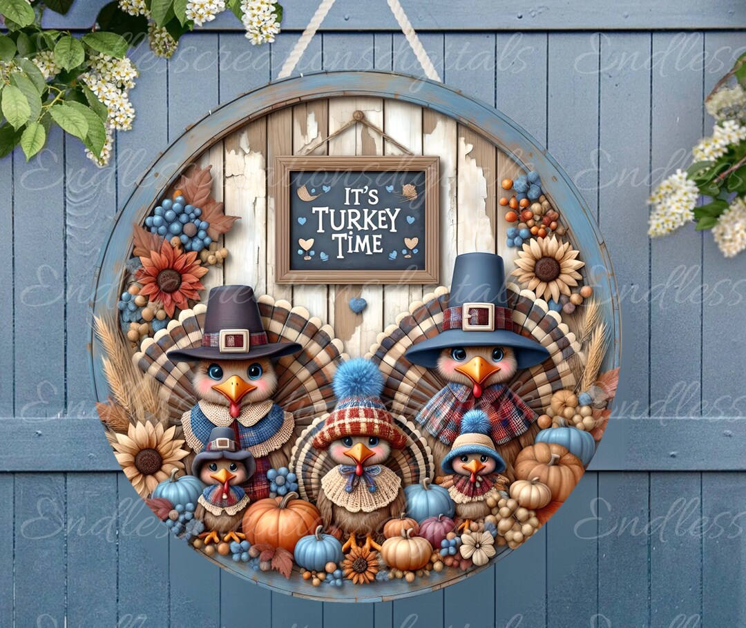 FALL TURKEY TIME 3d Look Framed Door Hanger, Wreath Sign, Round Cutting ...