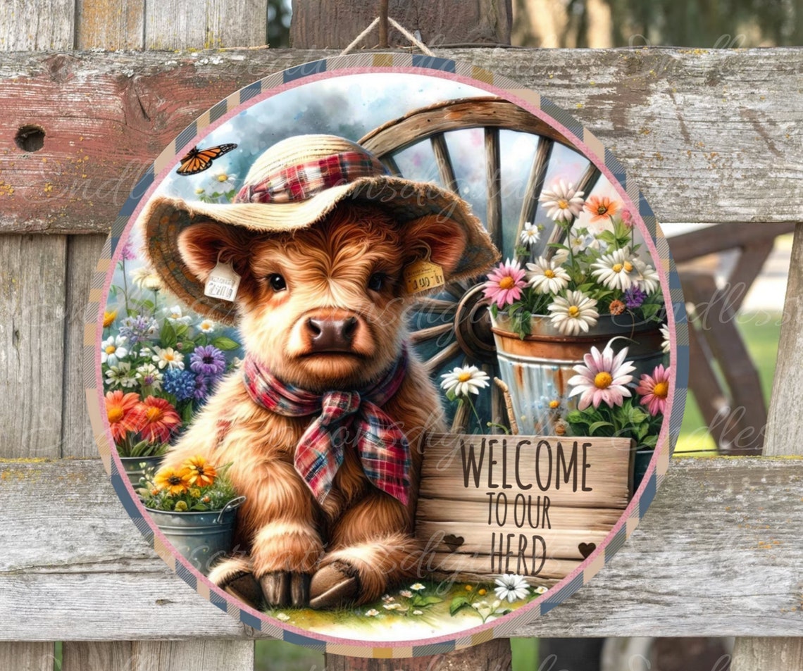 SPRING HIGHLAND COW Round Door Hanger, Wreath Sign, for Sublimation ...