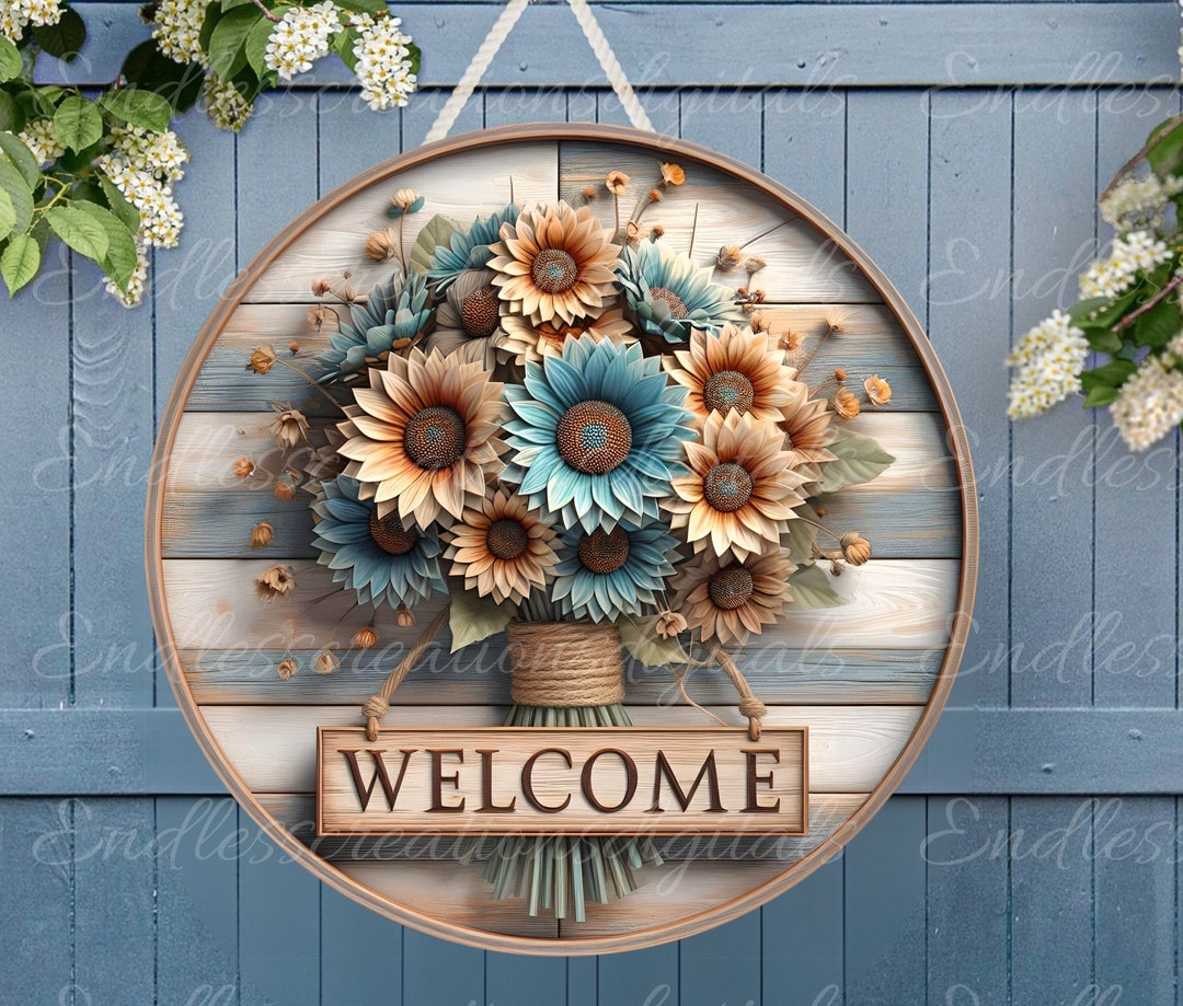 FALL SUNFLOWER WELCOME Door Hanger, Wreath Sign, Round Cutting Board ...