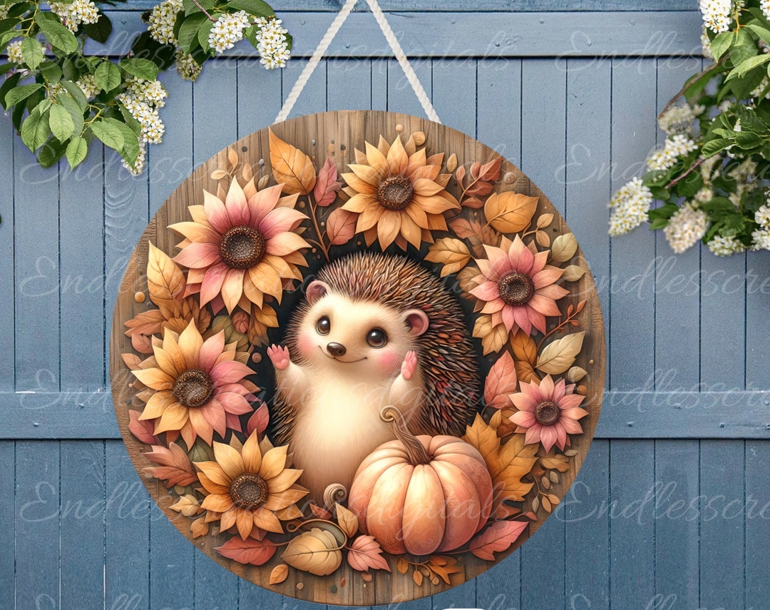 FALL HEDGEHOG ROUND Door Hanger, Wreath Sign, Round Cutting Board ...