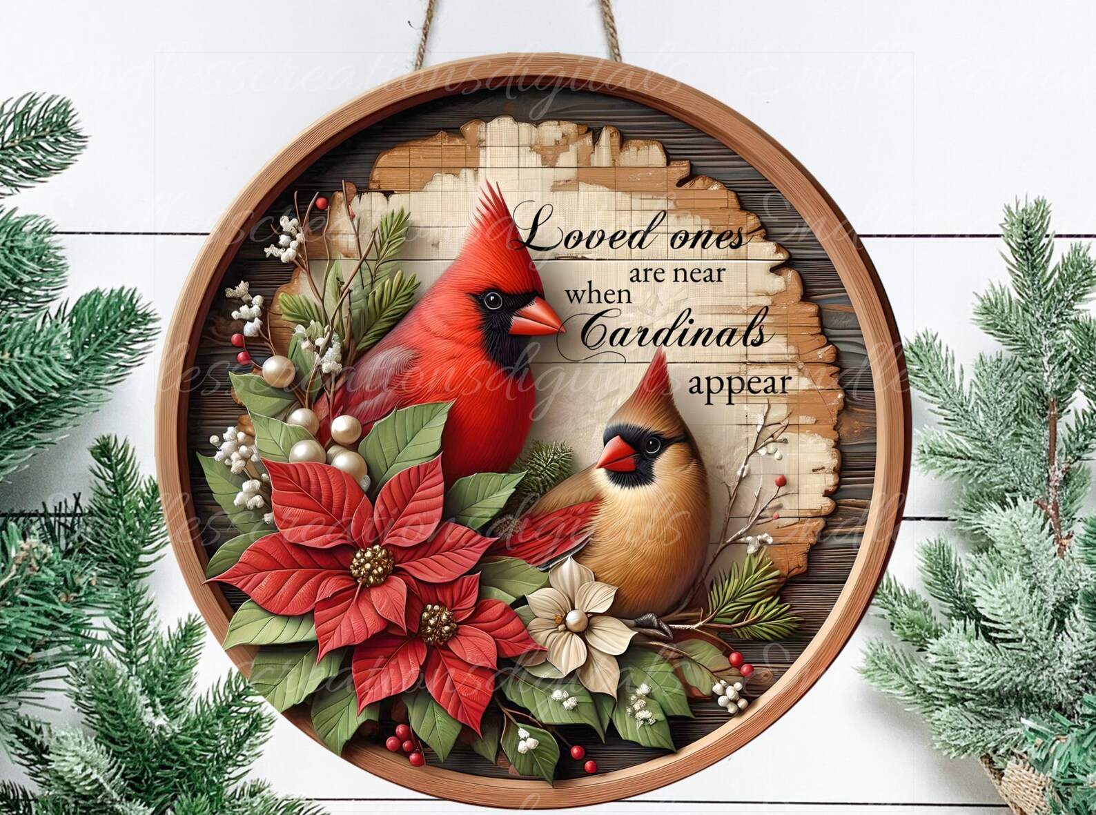 WINTER CARDINALS DOOR Hanger, Wreath Sign, Round Cutting Board Png, for ...