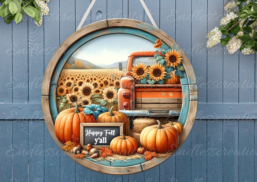 FALL RED TRUCK Door Hanger, Wreath Sign, Round Cutting Board Png, for ...