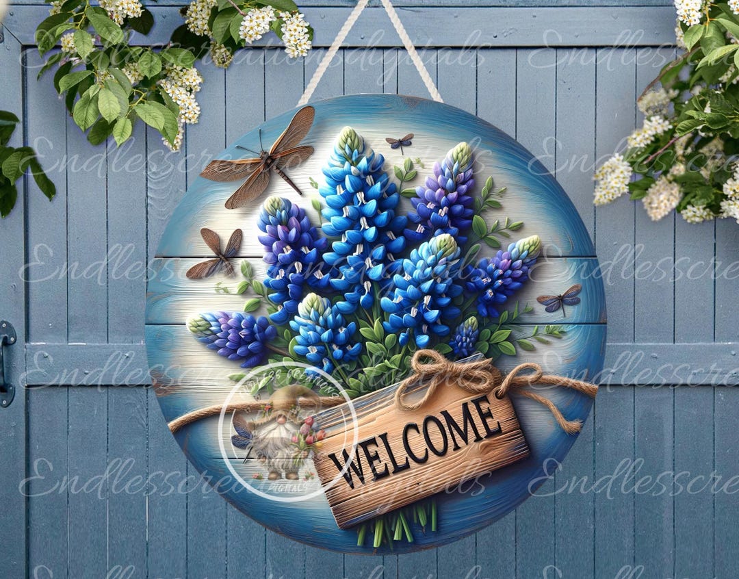 WELCOME BLUEBONNETS SPRING Door Hanger, Keychain, Round Slate, for ...