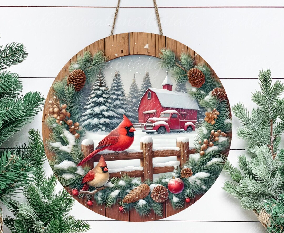 WINTER CARDINAL Door Hanger, Wreath Sign, Round Cutting Board Ornament ...