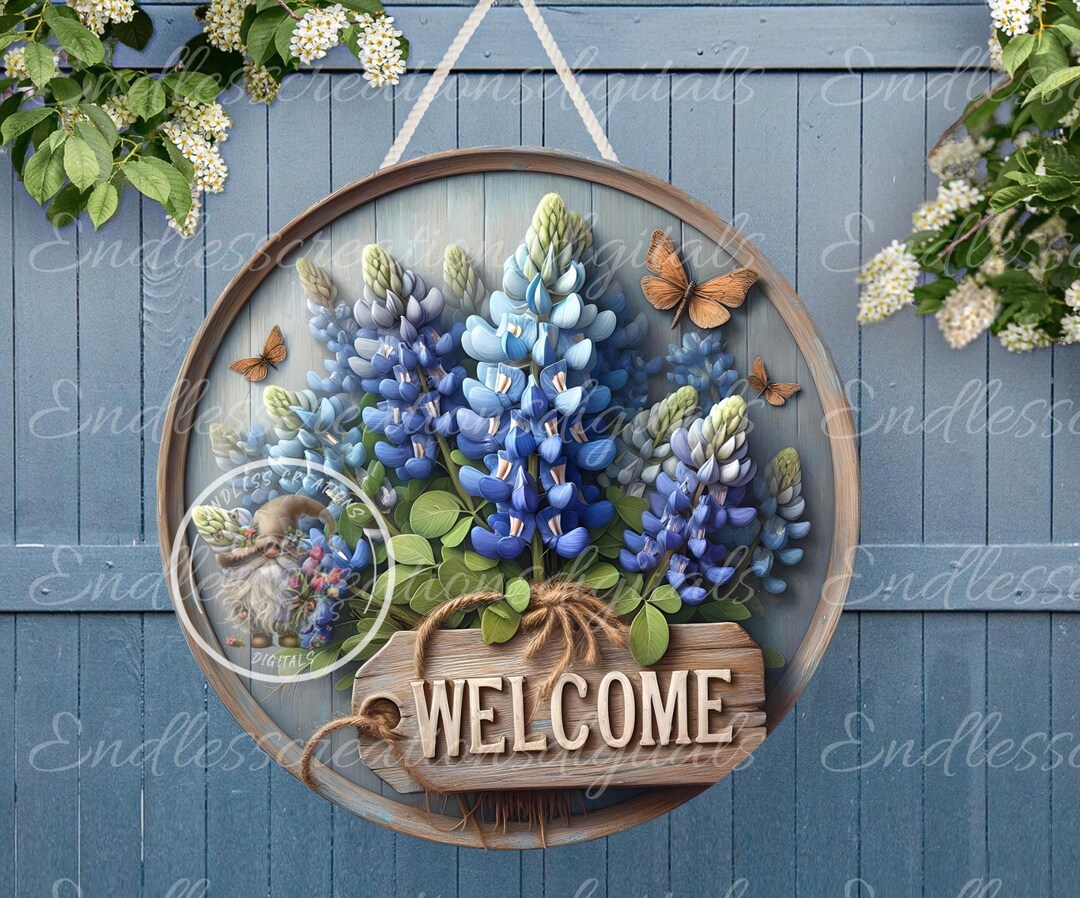 WELCOME BLUEBONNETS SPRING Door Hanger, Keychain, Round Slate, for ...