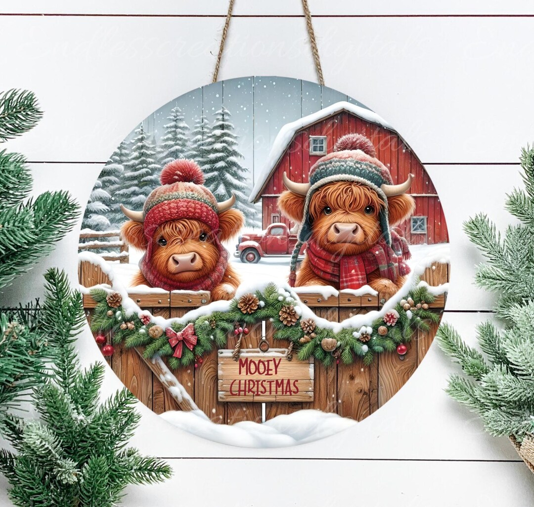 MOOEY CHRISTMAS HIGHLAND Cows Door Hanger, Wreath Sign, Round Cutting ...