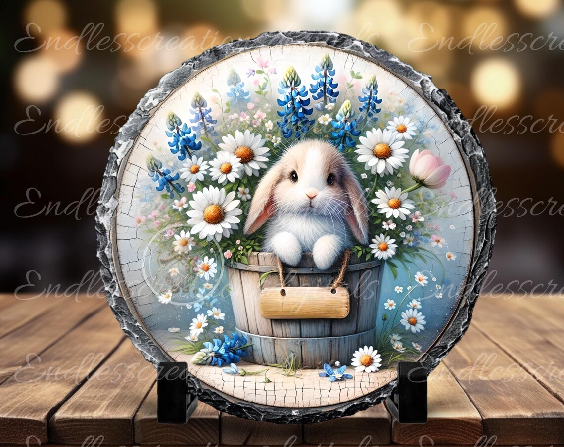 WELCOME SPRING FLORAL Bunny Wreath Sign, Door Hanger Slate Wind Spinner ...